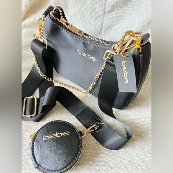 bebe | Bags | Bebe Mara Nylon Crossbody With Coin Purse Black And Gold ...